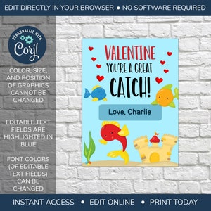 EDITABLE Classroom Valentine's Day Cards, You're a Great Catch, Fish ...