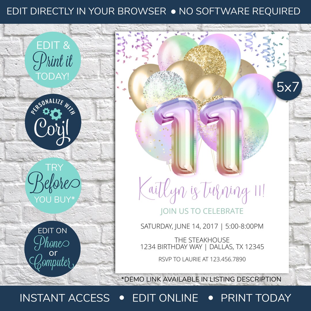 EDITABLE 11th Birthday Invitation, Pastel Rainbow 11th Invitation ...