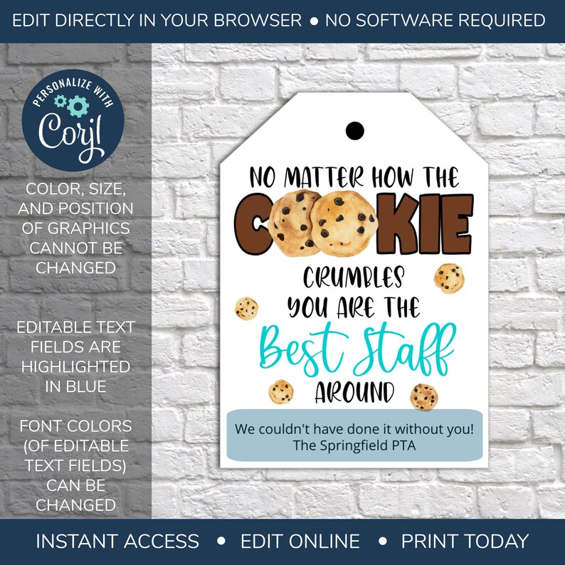 EDITABLE Cookie Appreciation Gift Tag Teacher Staff Employee - Etsy