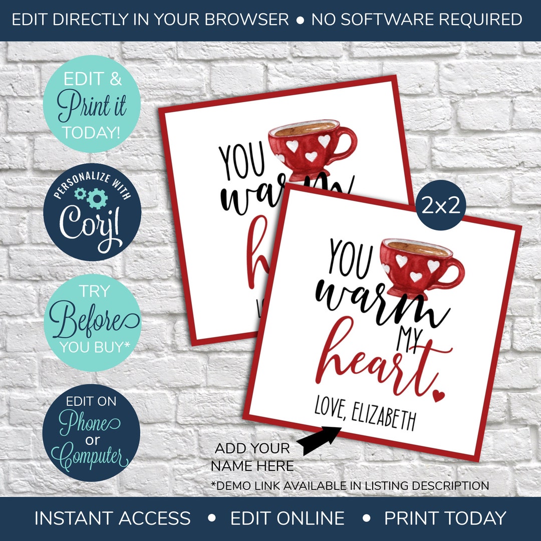 EDITABLE Valentine Tag, You Warm My Heart Tag, Valentine Thank You Tag ...