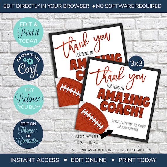 EDITABLE Football Coach Appreciation Gift Tag Coach Gift Tag - Etsy