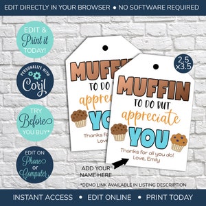 EDITABLE Muffin Appreciation Gift Tag, Teacher Staff Employee School ...