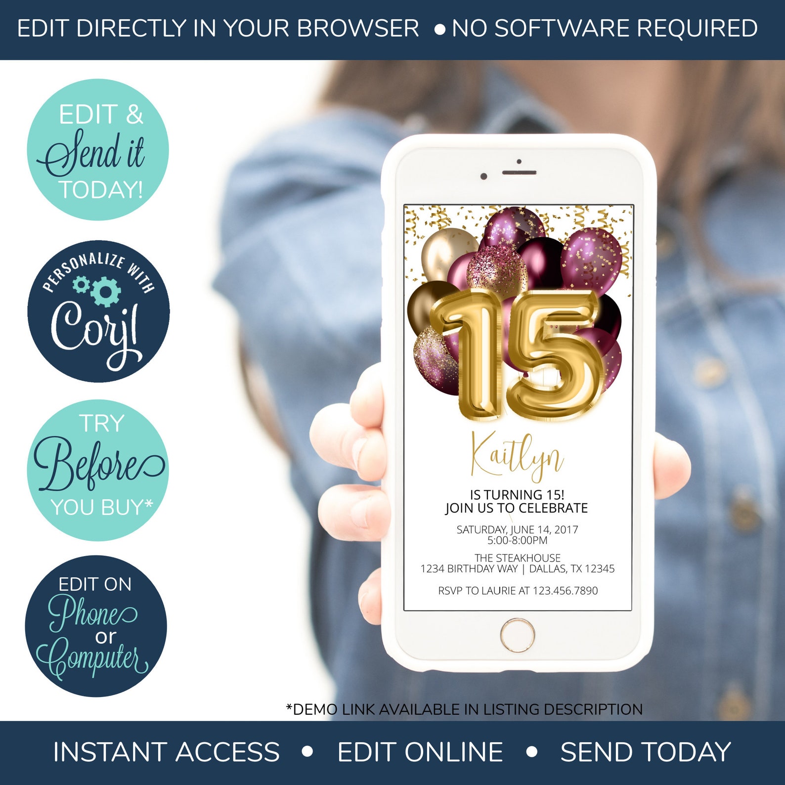 EDITABLE Electronic 15th Birthday Invitation, Teen Birthday Party ...