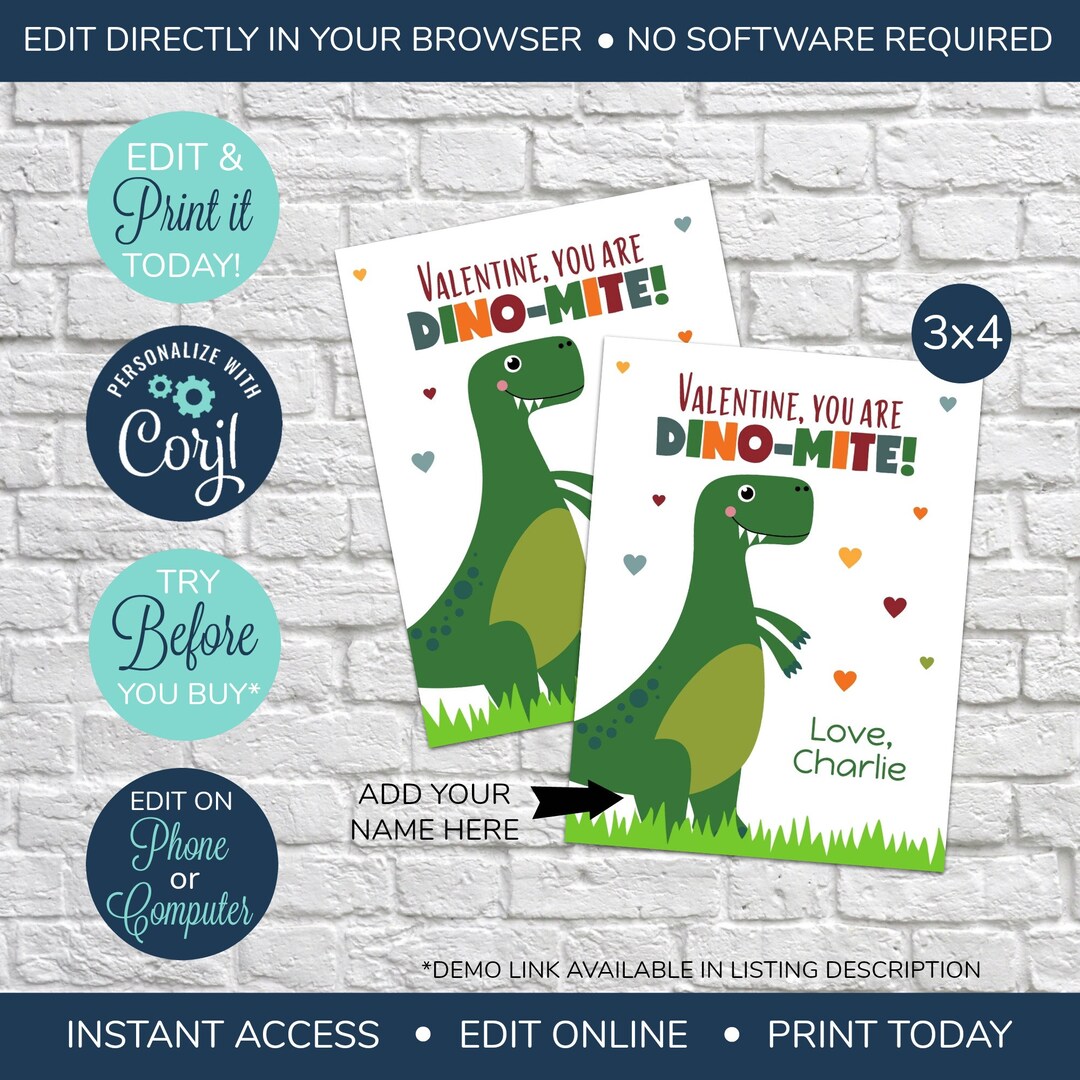 EDITABLE Classroom Valentine's Day Cards, You're Dino-mite, Dinosaur ...