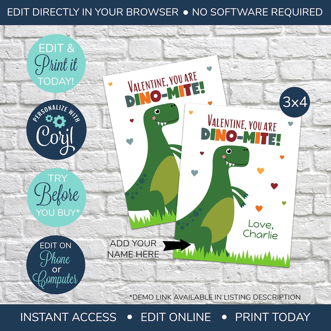 EDITABLE Classroom Valentine's Day Cards, You're Dino-mite, Dinosaur ...
