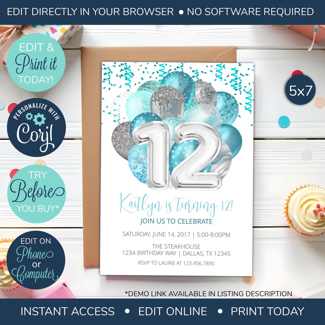 EDITABLE 12th Birthday Invitation, Turquoise Silver 12th Invitation ...