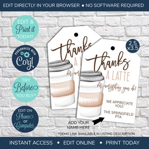 EDITABLE Thanks a Latte Tags, Coffee Appreciation, Employee ...