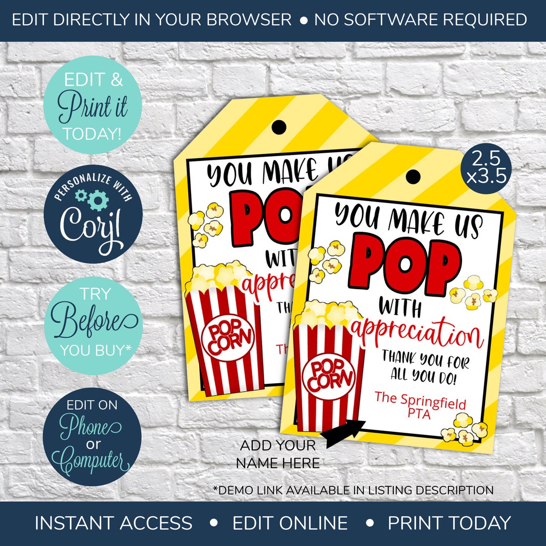 EDITABLE Popcorn Appreciation Gift Tag, Teacher Staff Employee School ...