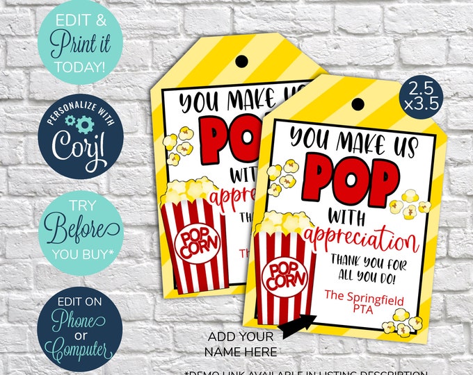 Printable/editable, You Make Us POP With Appreciation Popcorn Gift Tag ...