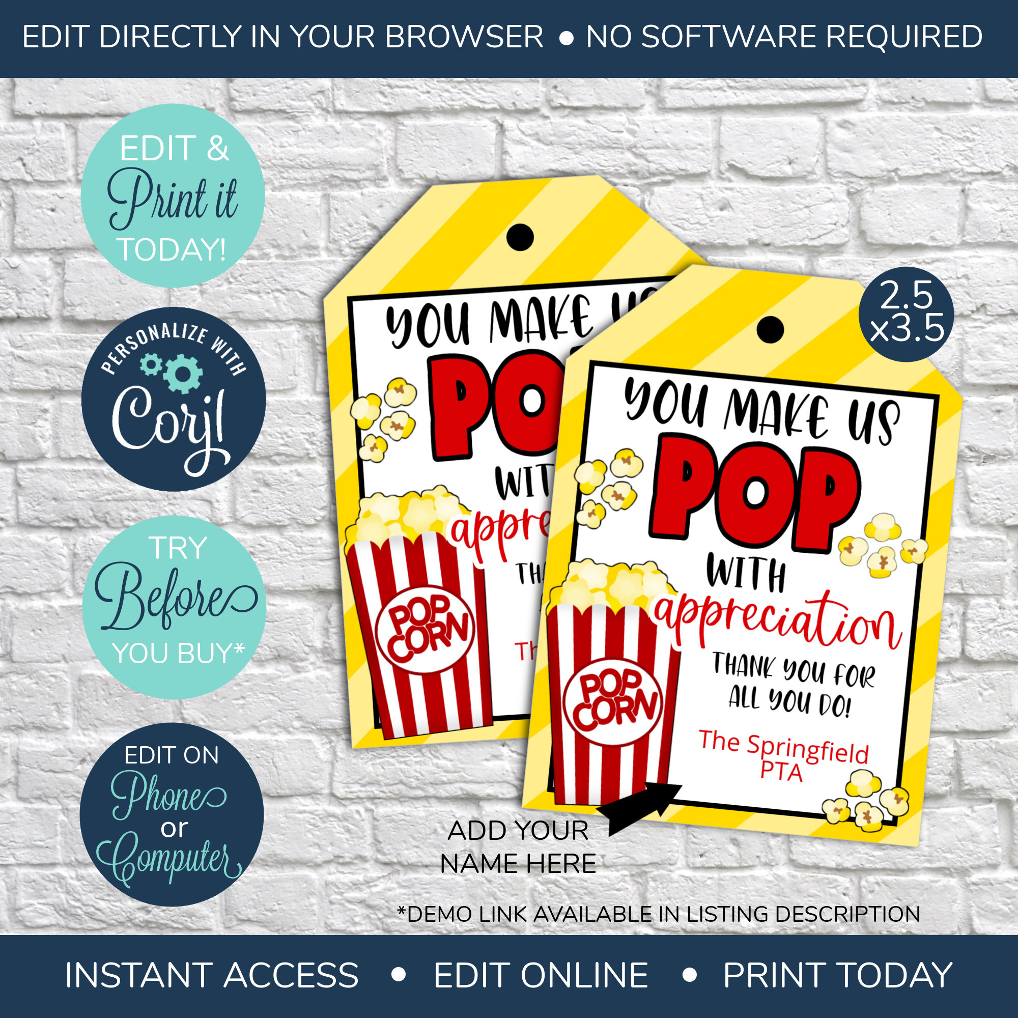 EDITABLE Popcorn Appreciation Gift Tag Teacher Staff Employee - Etsy