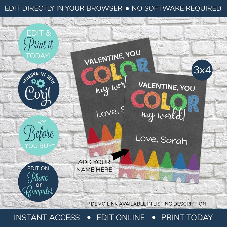 EDITABLE Classroom Valentine's Day Cards, Valentine You Color My World ...