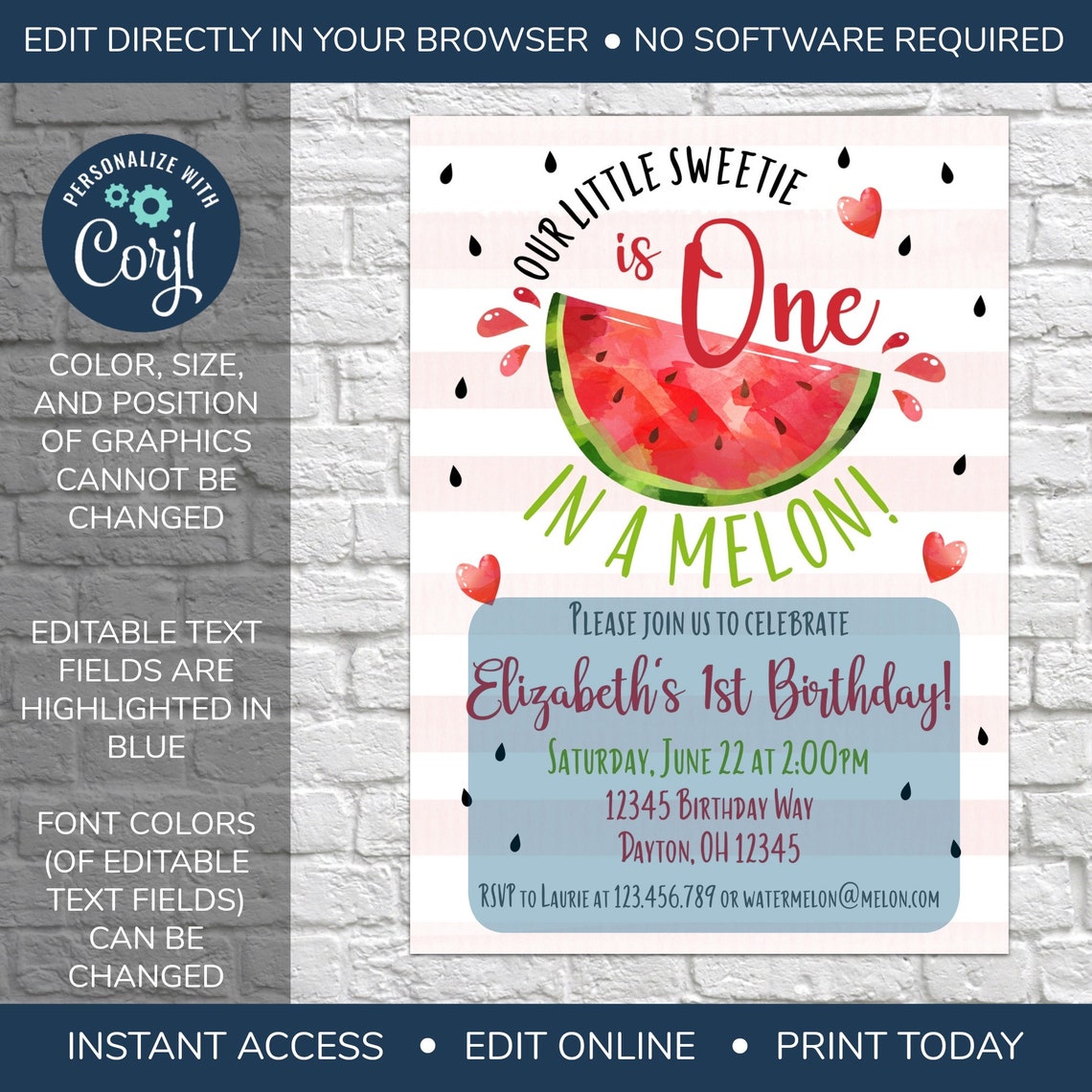 EDITABLE Watermelon Birthday Invitatation First Birthday One | Etsy