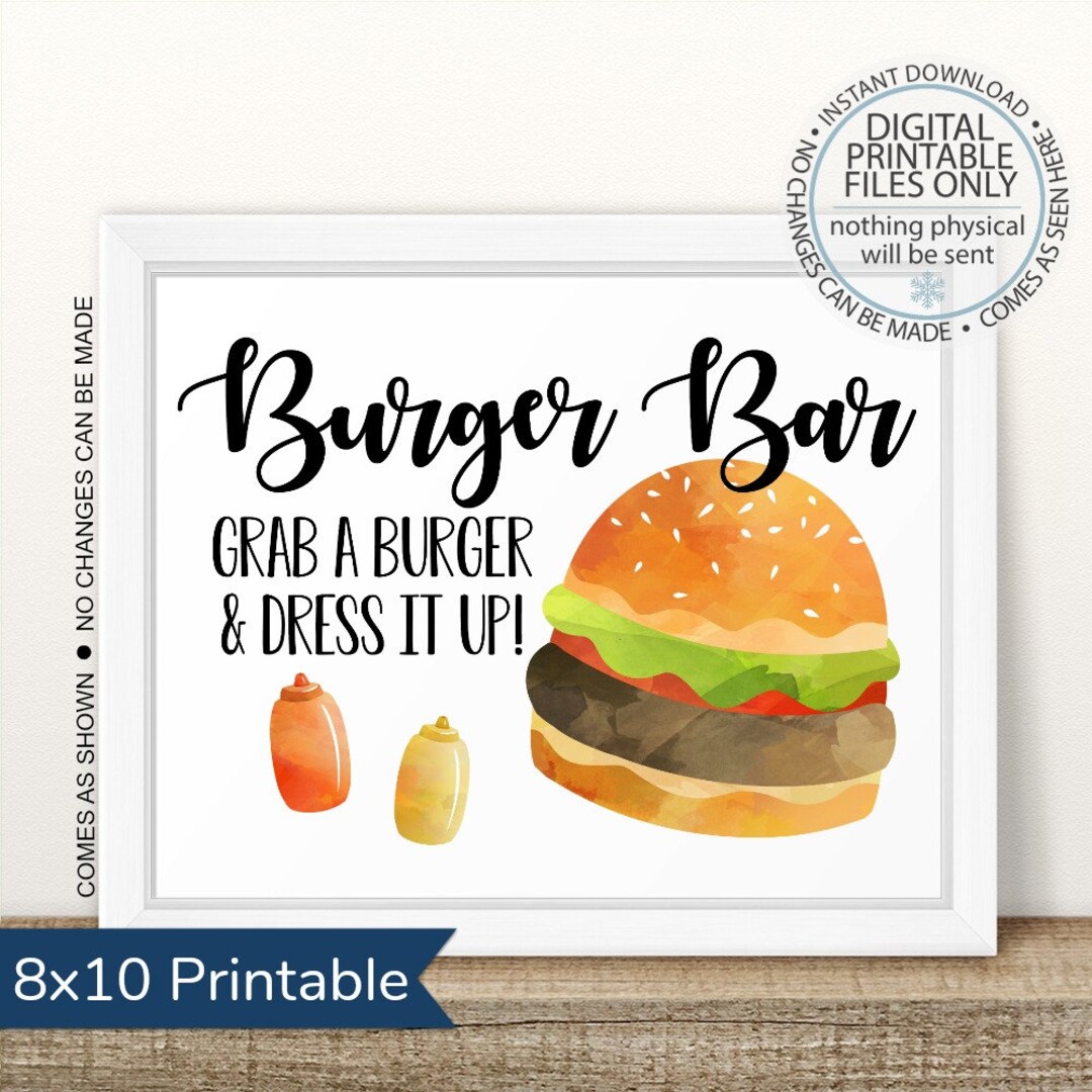 Printable Burger Bar Sign, Printable Burger Table Sign, Hamburgers Sign ...