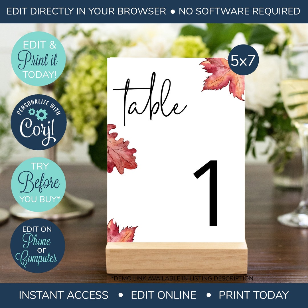 EDITABLE Reception Table Card Template, Fall Wedding Table Numbers ...