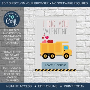 EDITABLE Classroom Valentine's Day Cards, I Dig You, Dump Truck ...