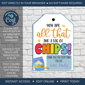 EDITABLE All That and a Bag of Chips Appreciation Gift Tag, Teacher ...