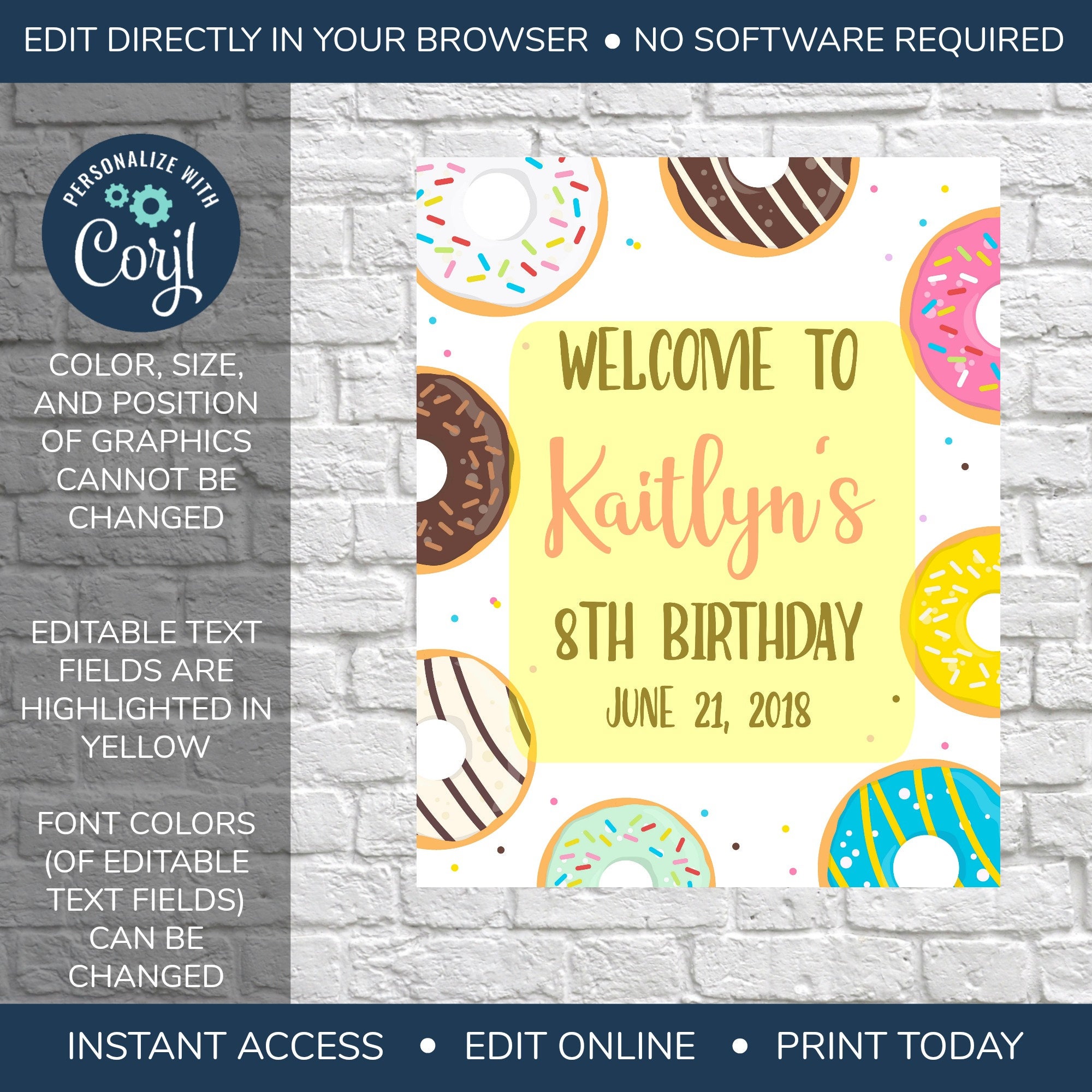 EDITABLE Donut Birthday Welcome Sign, Welcome Sign Template, Printable ...
