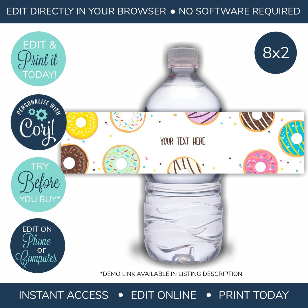 EDITABLE Donut Water Bottle Wraps, Donut Party Labels, Donut Birthday ...