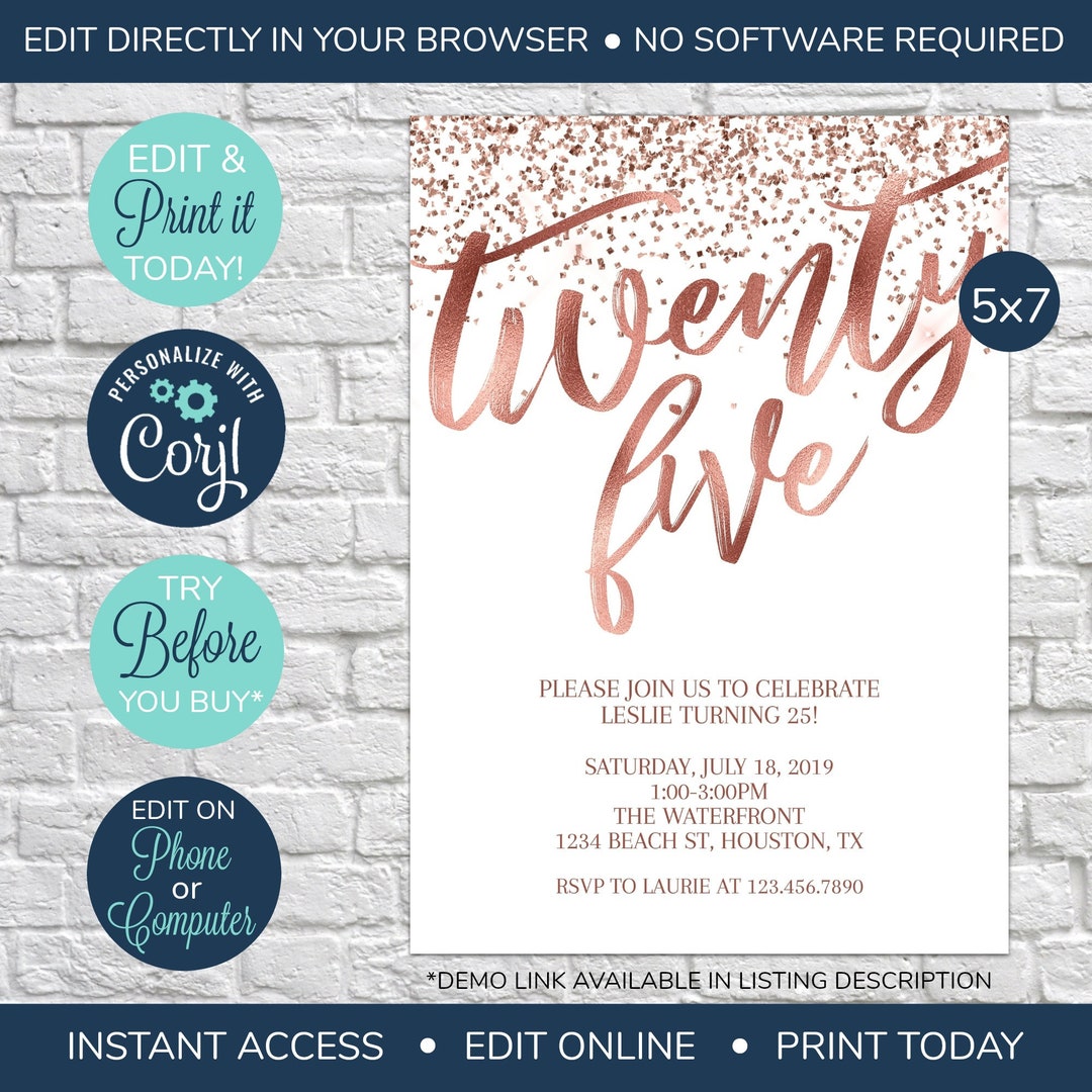 EDITABLE Rose Gold 25th Birthday Invitation, Elegant 25th Invitation ...
