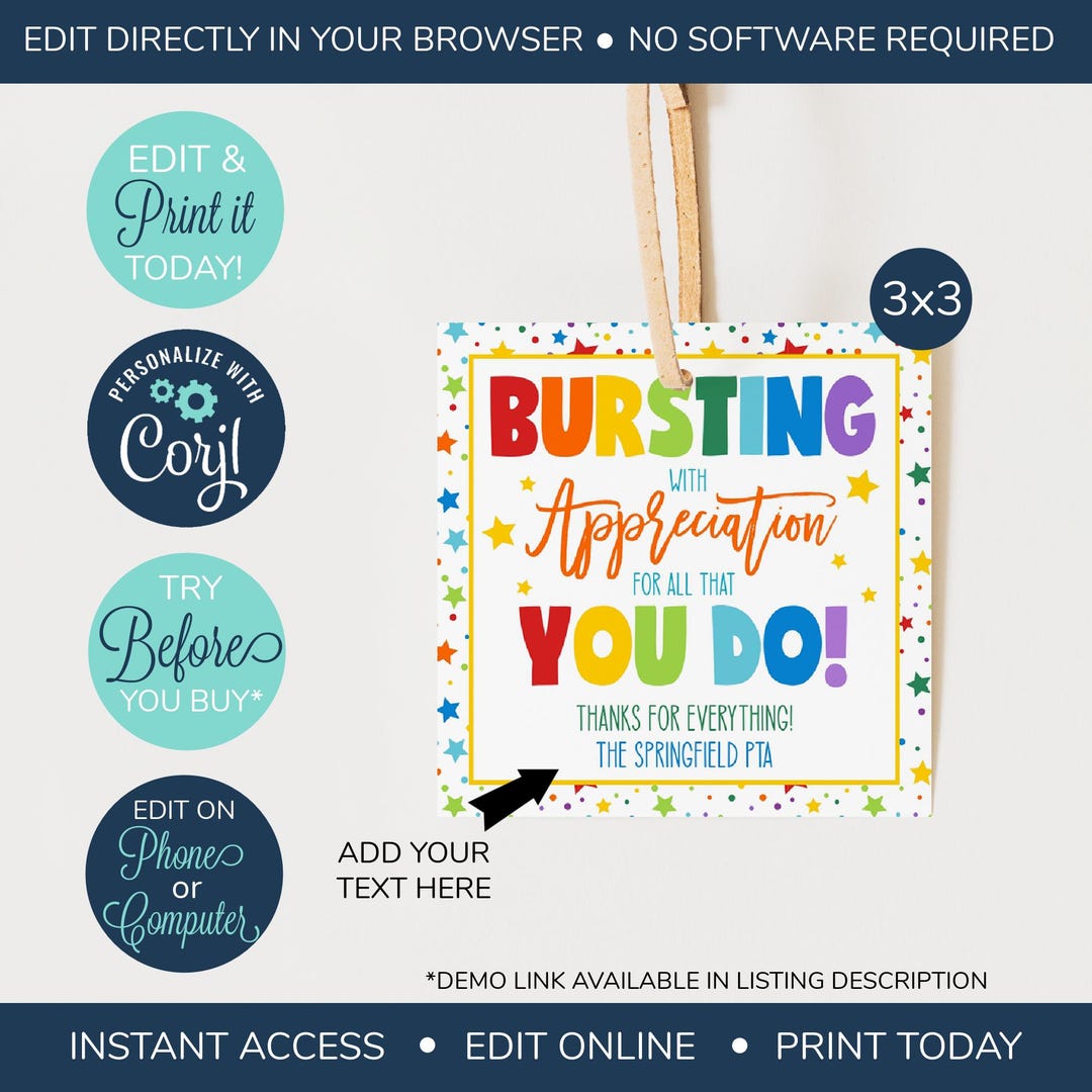 EDITABLE Bursting With Appreciation Gift Tag, Thank You Frontline ...