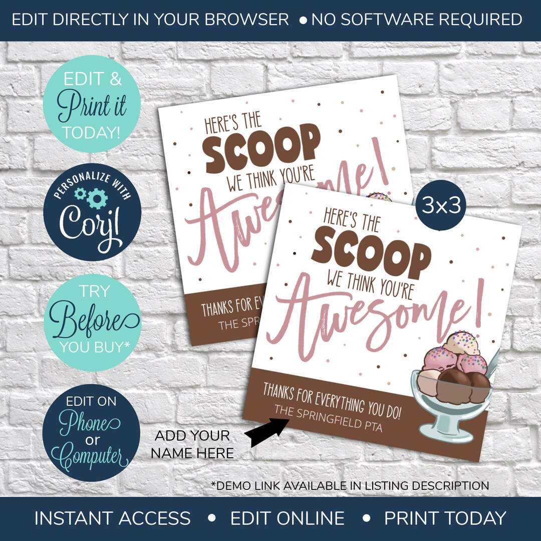 EDITABLE Ice Cream Appreciation Gift Tag, Teacher Staff Employee School ...
