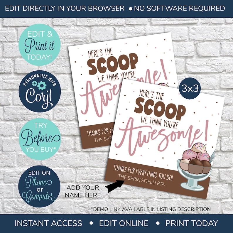 EDITABLE Ice Cream Appreciation Gift Tag, Teacher Staff Employee School ...