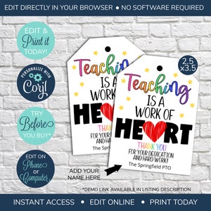 EDITABLE Teaching is a Work of Heart, Teacher Appreciation Week Gift ...