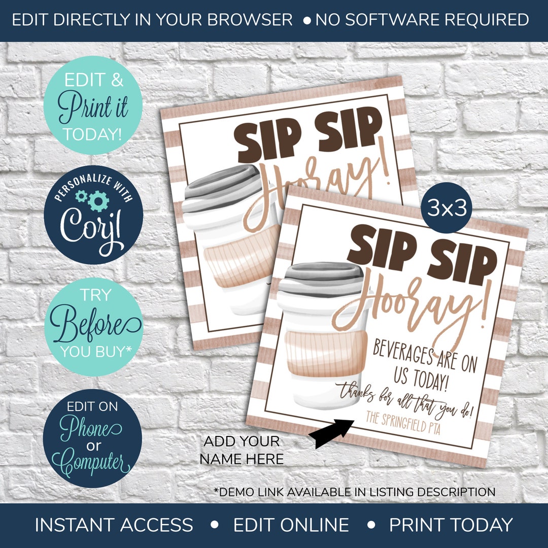 EDITABLE Coffee Gift Tag, Sip Sip Hooray Gift Tag, Coffee Appreciation ...