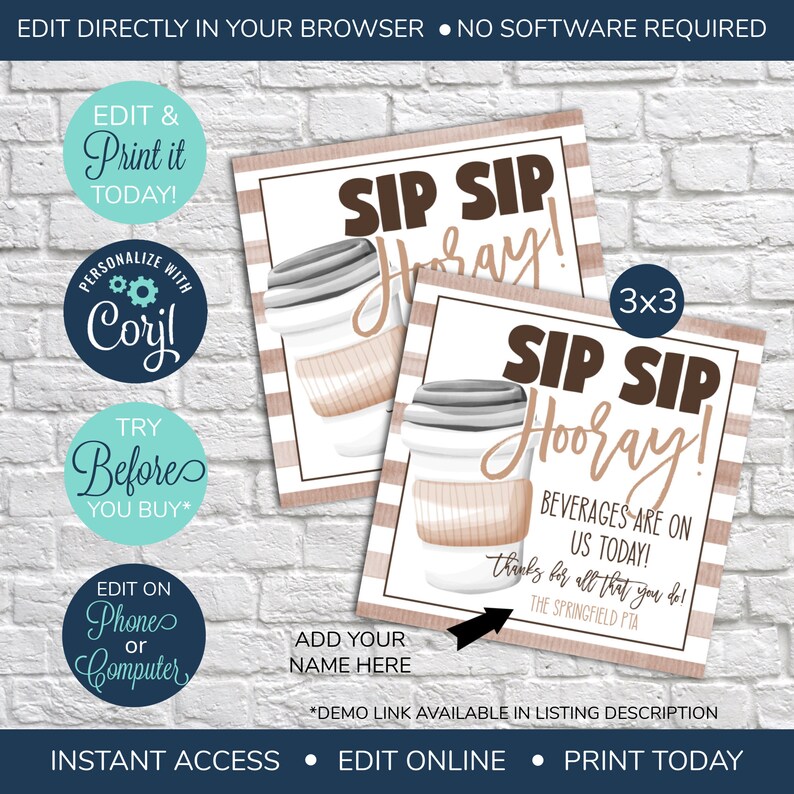 EDITABLE Coffee Gift Tag Sip Sip Hooray Gift Tag Coffee | Etsy