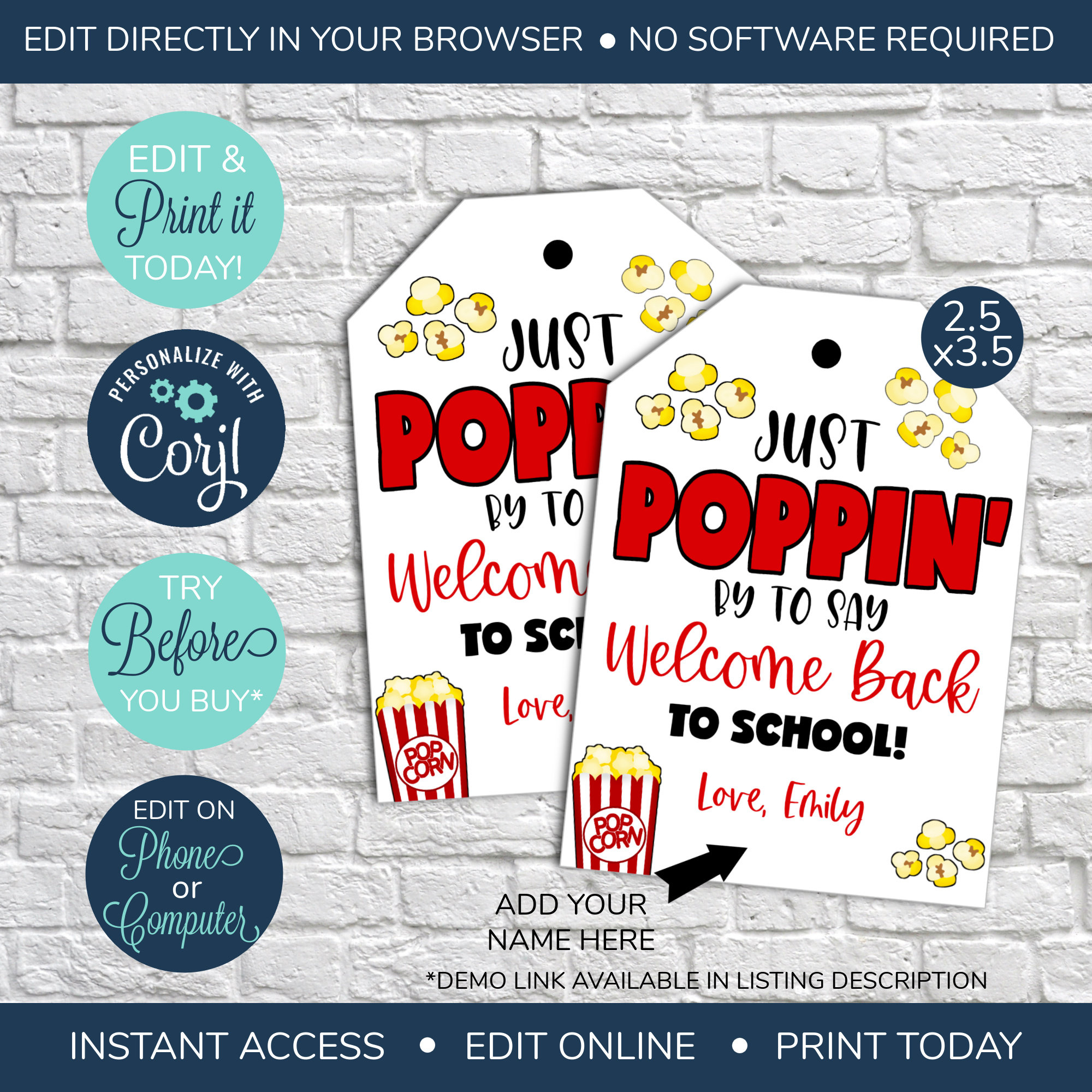 EDITABLE Popcorn Welcome Back Gift Tag, Back to School Teacher Staff ...
