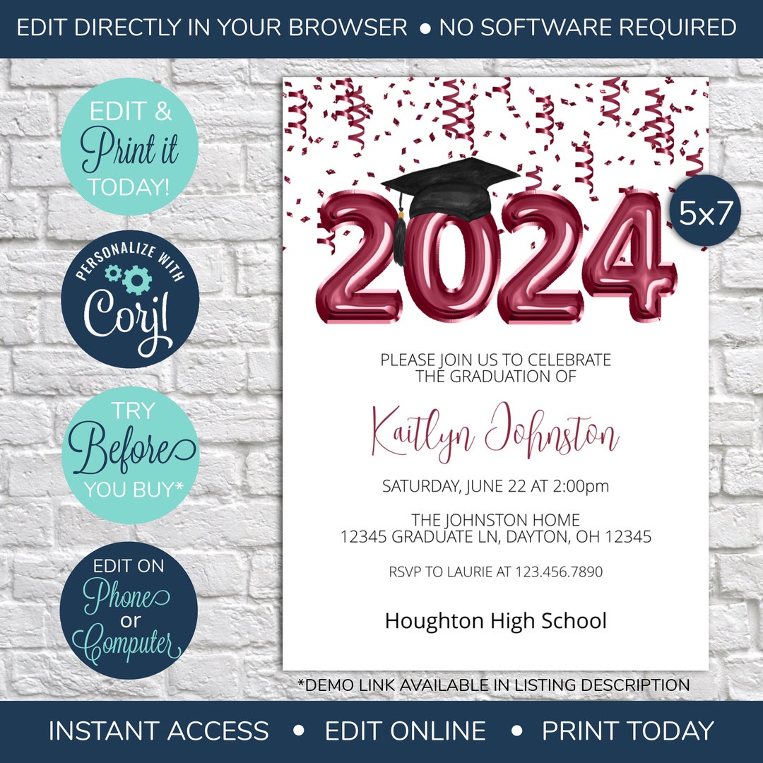 EDITABLE Burgundy Class of 2024, Graduation Open House Invitation ...