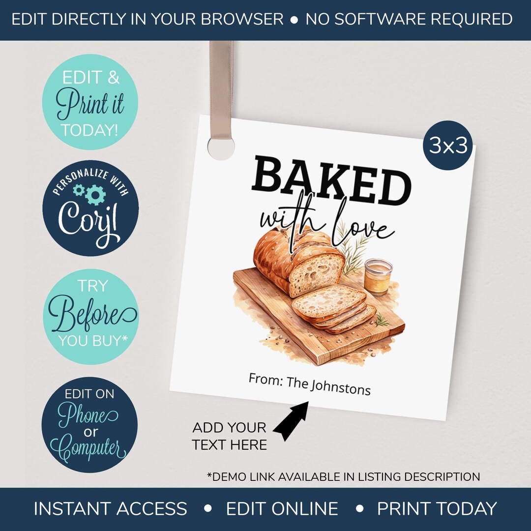 EDITABLE Baked With Love Tag, Printable Food and Baked Goods Tags, From ...