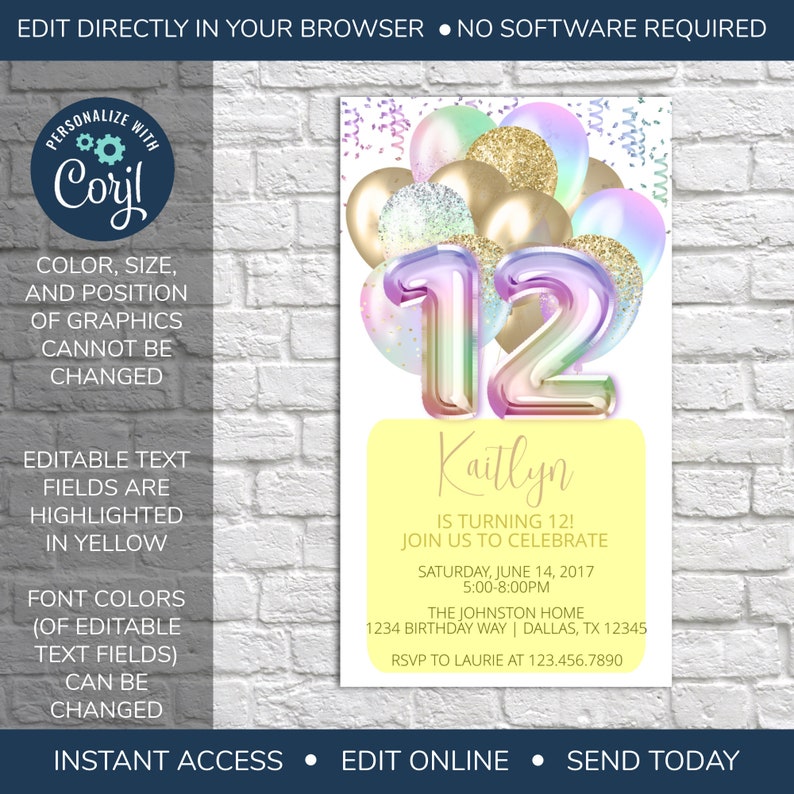 EDITABLE Electronic 12th Birthday Invitation, Balloon Birthday Party ...