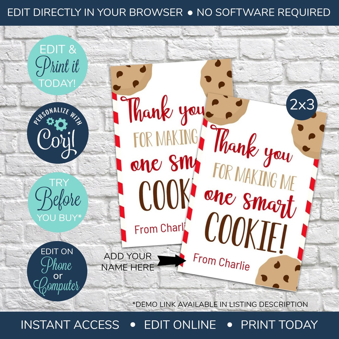 EDITABLE One Smart Cookie Tags, Printable Thank You for Making Me One ...