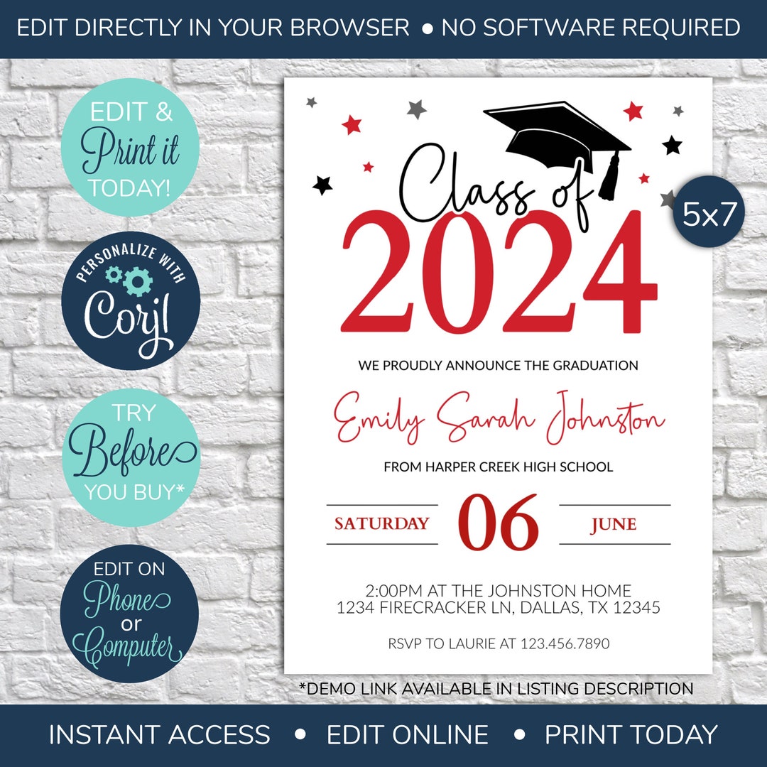 EDITABLE Red Class of 2024, Graduation Open House Invitation ...
