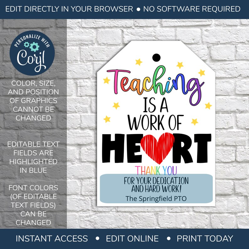 EDITABLE Teaching is a Work of Heart Teacher Appreciation - Etsy