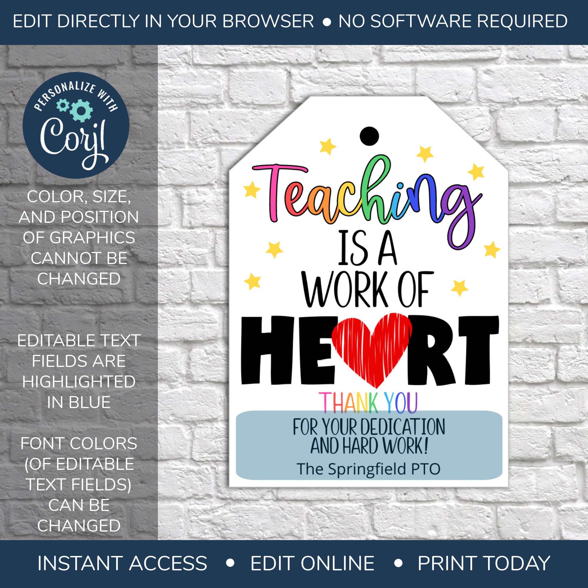 EDITABLE Teaching is a Work of Heart, Teacher Appreciation Week Gift ...
