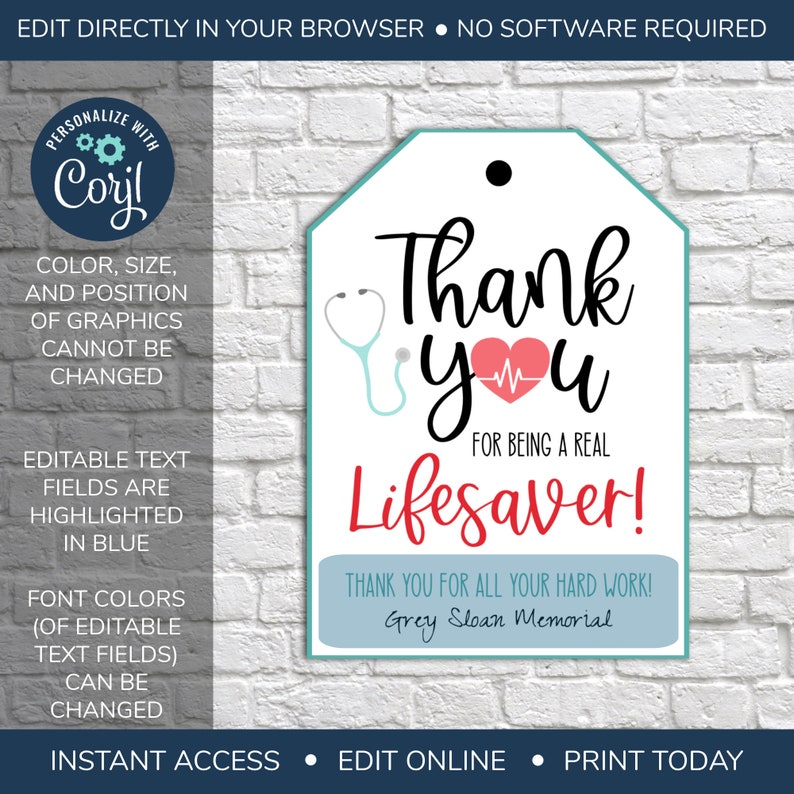 EDITABLE Thank You for Being a Real Lifesaver Gift Tag, Thank You ...