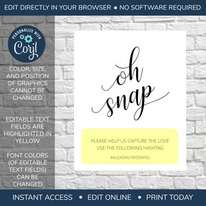 EDITABLE Oh Snap Sign, Wedding Hashtag Printable, Capture the Love ...
