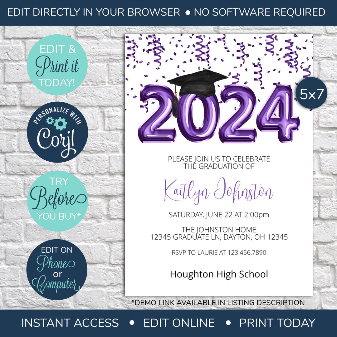 EDITABLE Purple Class of 2024, Graduation Open House Invitation ...