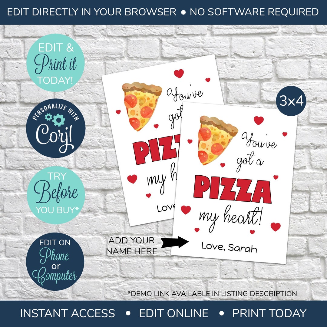EDITABLE Classroom Valentine's Day Cards, Pizza My Heart, Pizza ...