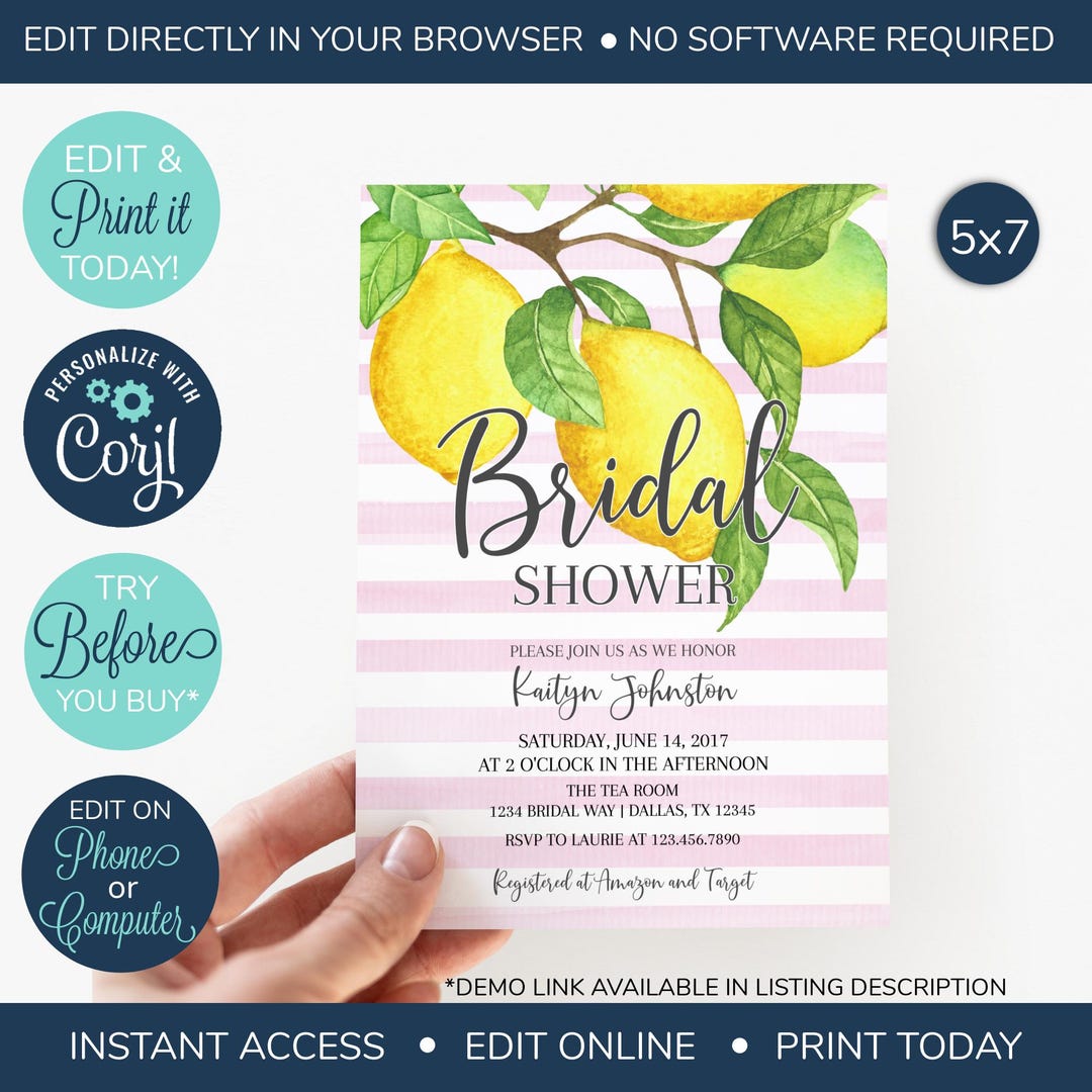 EDITABLE Lemon Bridal Shower Invitation, Boho Watercolor Lemon ...