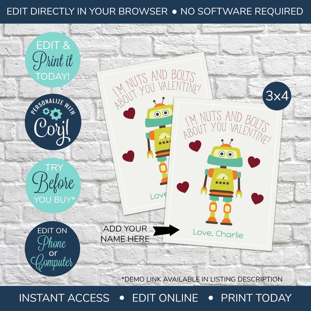 EDITABLE Classroom Valentine's Day Cards, Nuts and Bolts, Robot ...