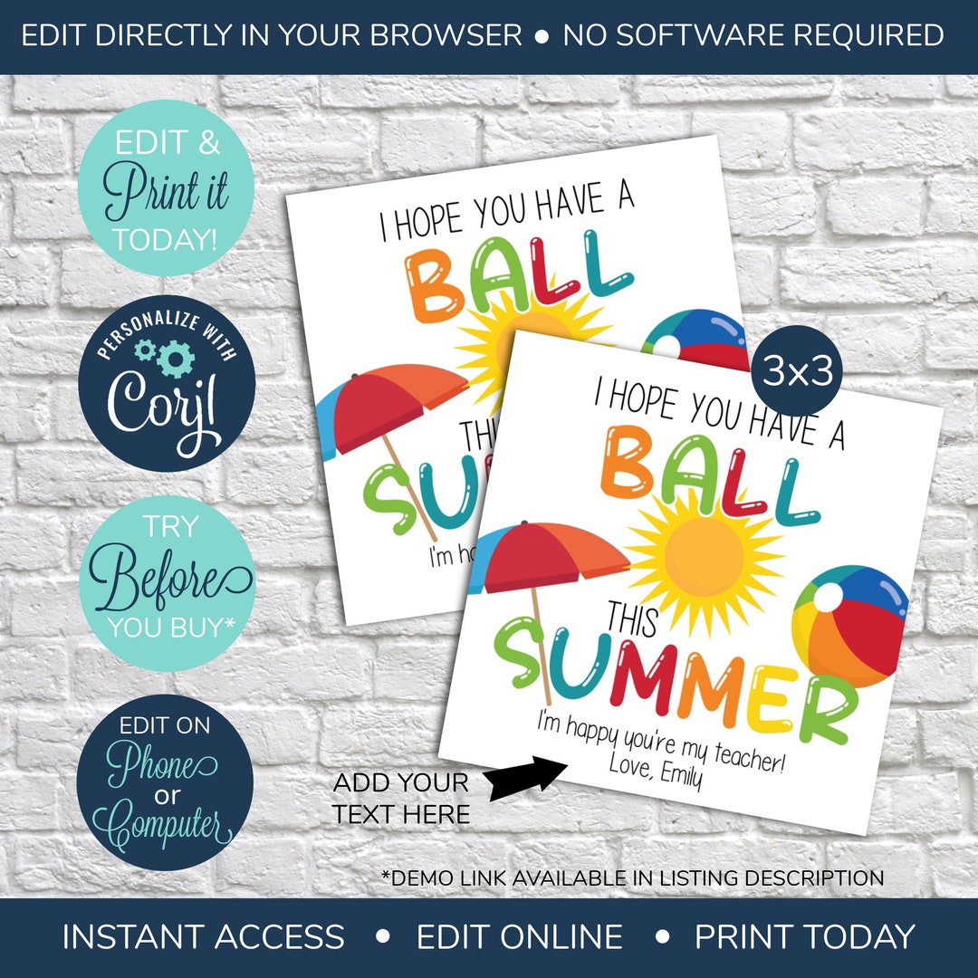 EDITABLE Hope You Have a Ball This Summer Tag, End of School Year Tag ...