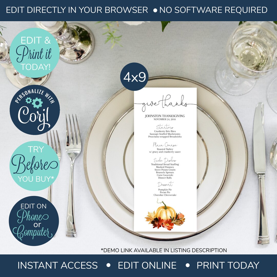 EDITABLE Thanksgiving Menu Card Template, Friendsgiving Menu Card, Menu ...
