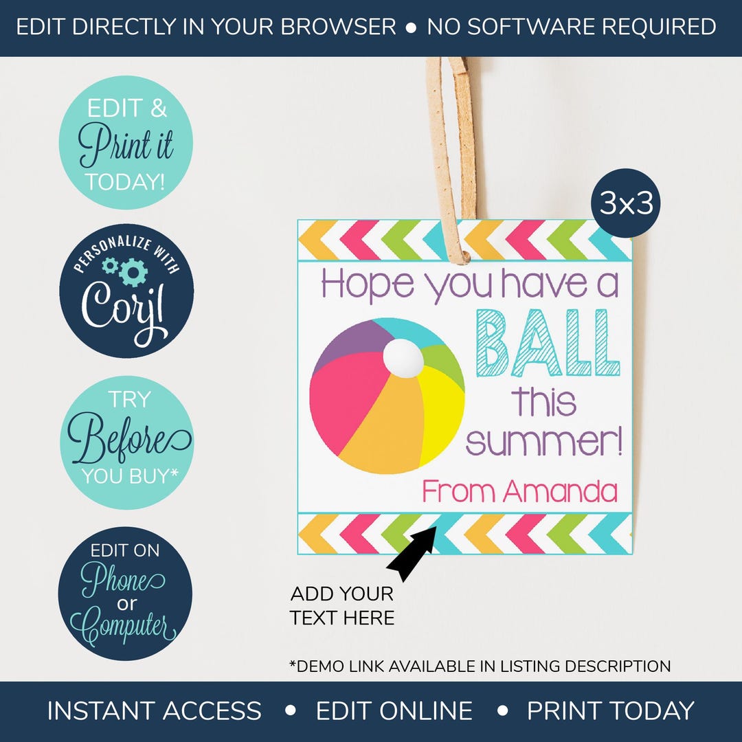 EDITABLE Hope You Have a Ball This Summer Tag, End of School Year Tag ...