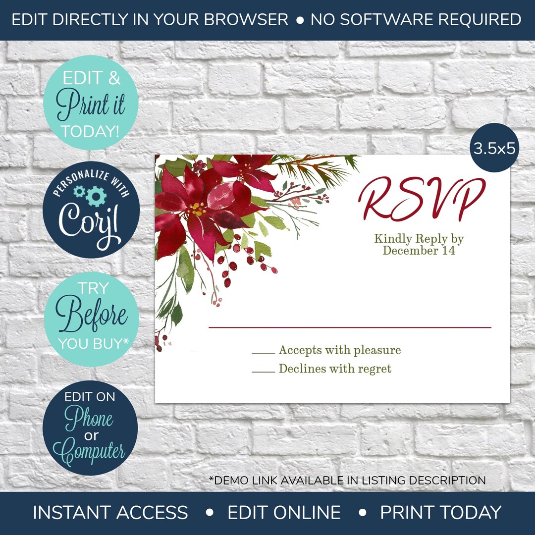 EDITABLE Christmas RSVP Response Card, Holiday Response Card, Christmas ...