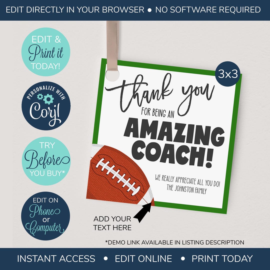 EDITABLE Football Coach Appreciation Gift Tag, Coach Gift Tag, Football ...