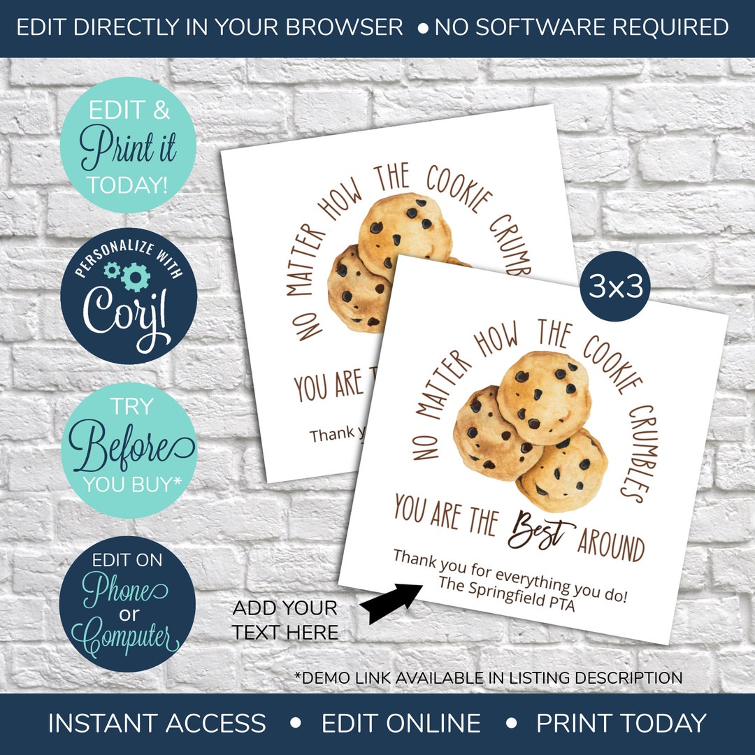 EDITABLE Cookie Appreciation Gift Tag, Teacher Staff Employee School ...