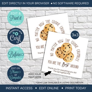 EDITABLE Cookie Appreciation Gift Tag, Teacher Staff Employee School ...